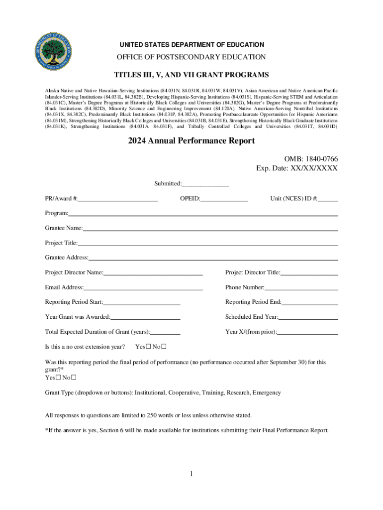Fillable Online Annual Performance Report for Titles Iii, V, and Vii ...