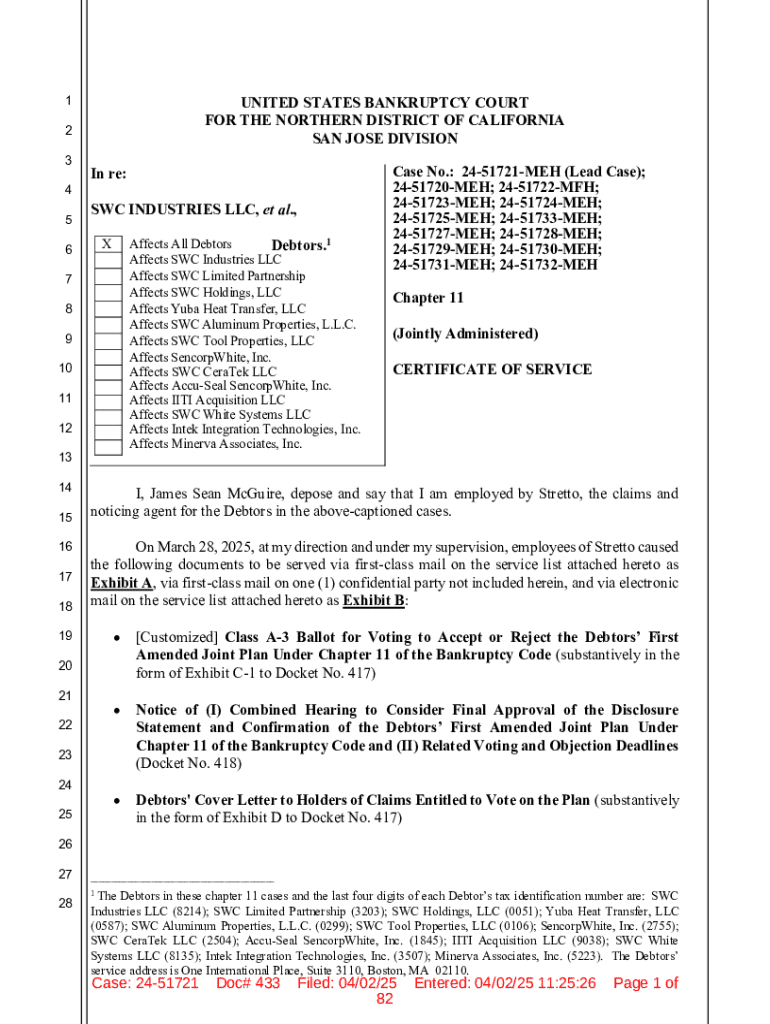 Fillable Online Certificate of Service for Swc Industries Llc Bankruptcy Case Fax Email Print ...