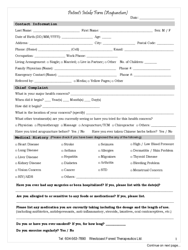 Fillable Online Patient's Intake Form for Acupuncture Treatment Fax ...