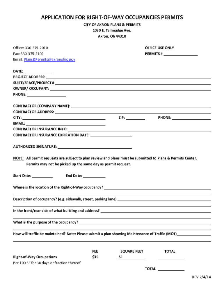 Fillable Online Right-of-way Occupancies Permit Application Fax Email ...