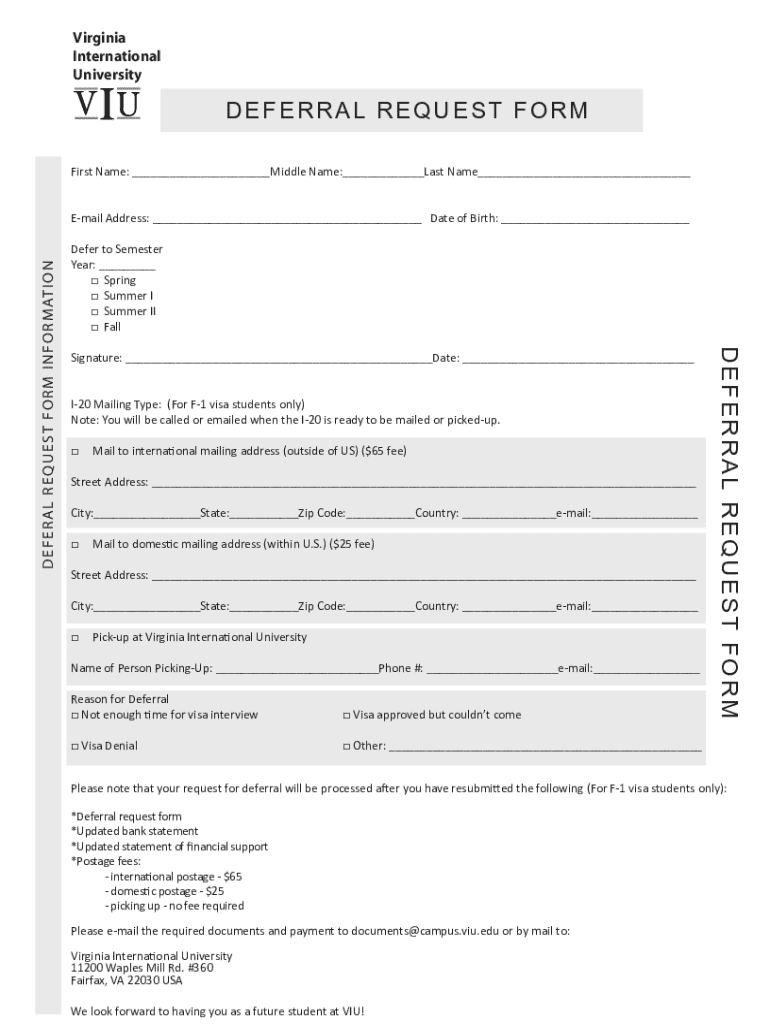 Fillable Online Deferral Request Form for Virginia International ...