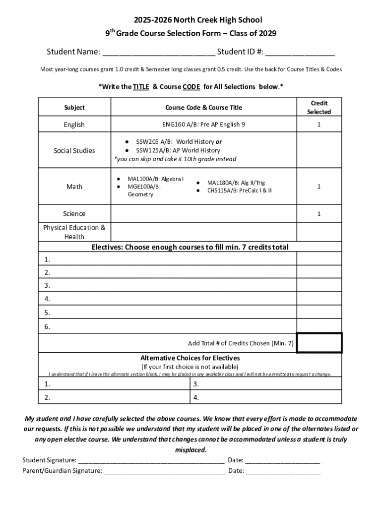 Fillable Online 9th Grade Course Selection Form – Class of 2029 Fax Email Print - pdfFiller