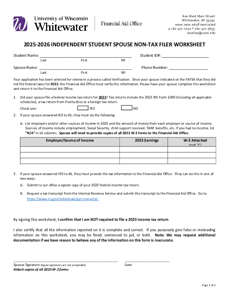 Fillable Online Independent Student Spouse Non-tax Filer Worksheet Fax Email Print - pdfFiller