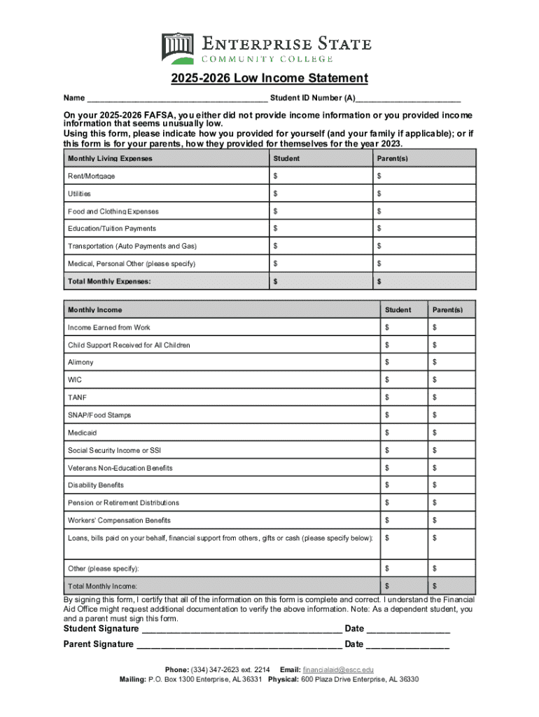 Fillable Online Low Income Statement for Fafsa Fax Email Print - pdfFiller