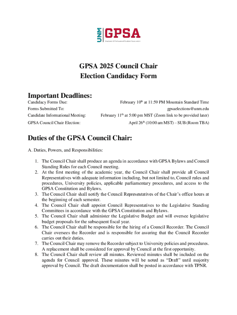 Fillable Online Gpsa Council Chair Election Candidacy Form Fax Email ...