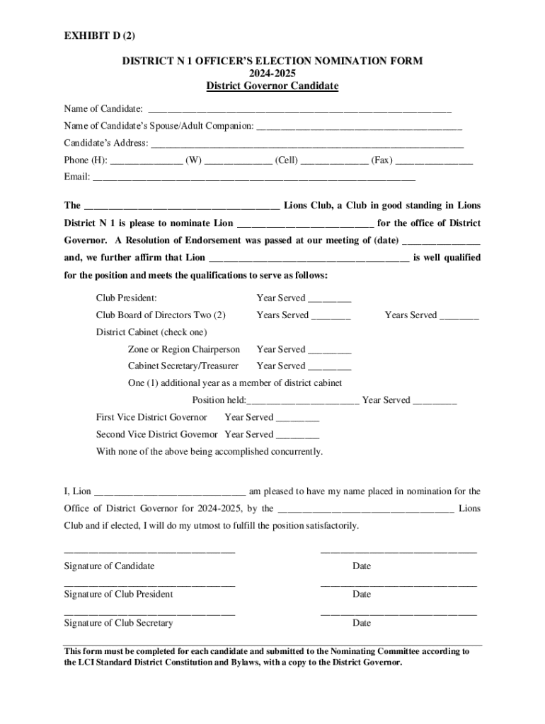 Fillable Online District Governor Candidate Nomination Form Fax Email ...