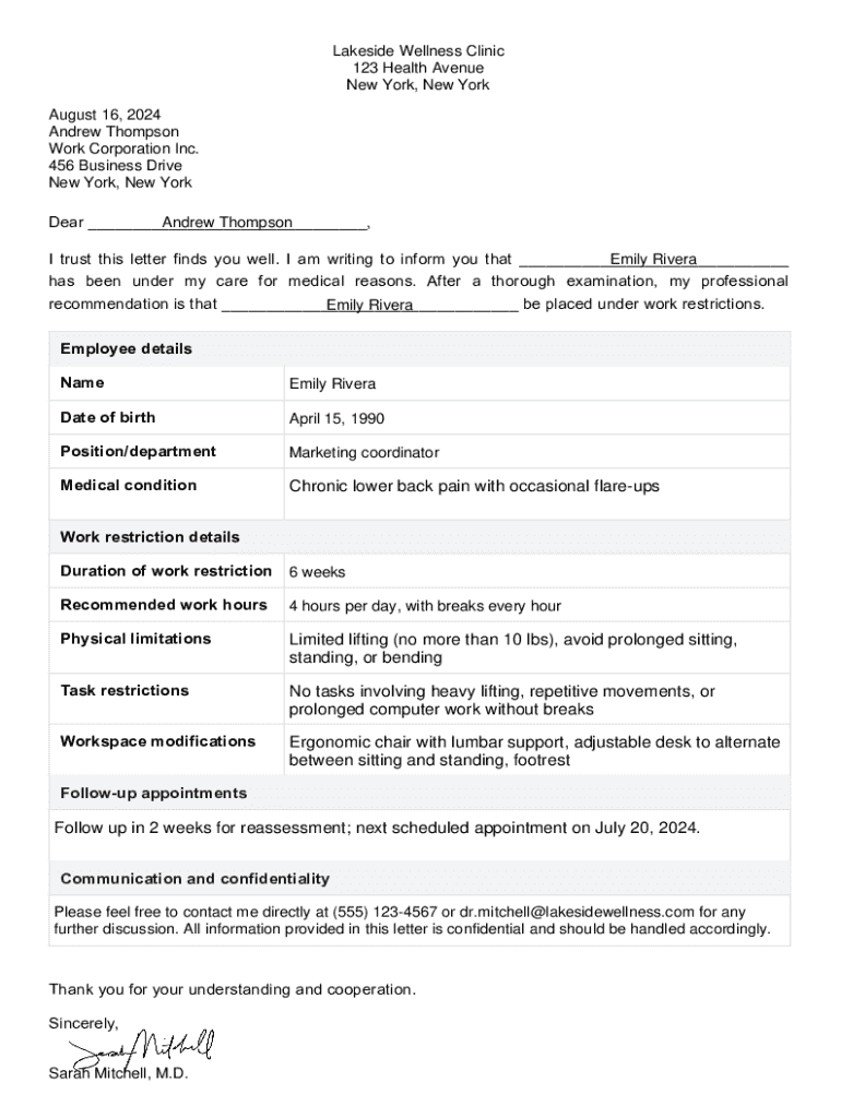 Fillable Online Work Restriction Letter for Employee Fax Email Print ...