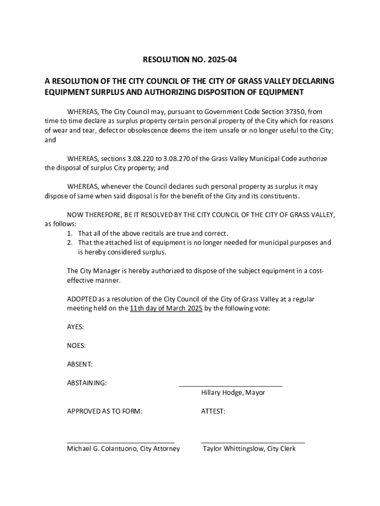 Fillable Online City Council Resolution Declaring Equipment Surplus Fax ...