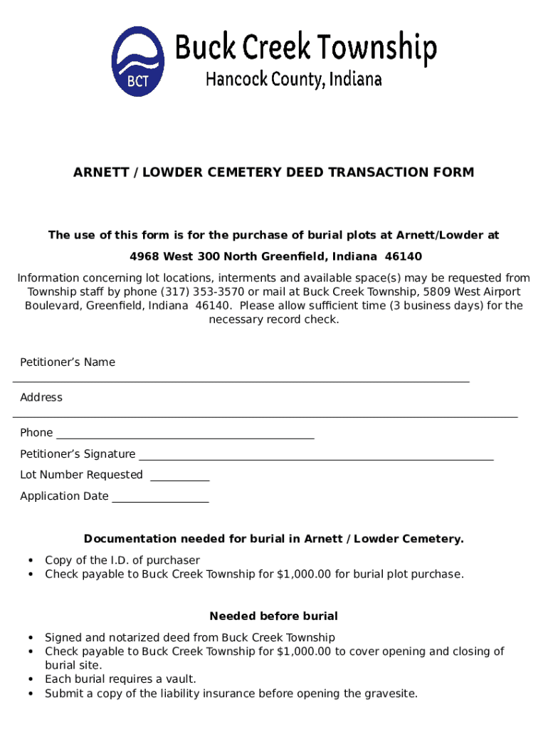 Arnett / Lowder Cemetery Deed Transaction Doc Template | pdfFiller
