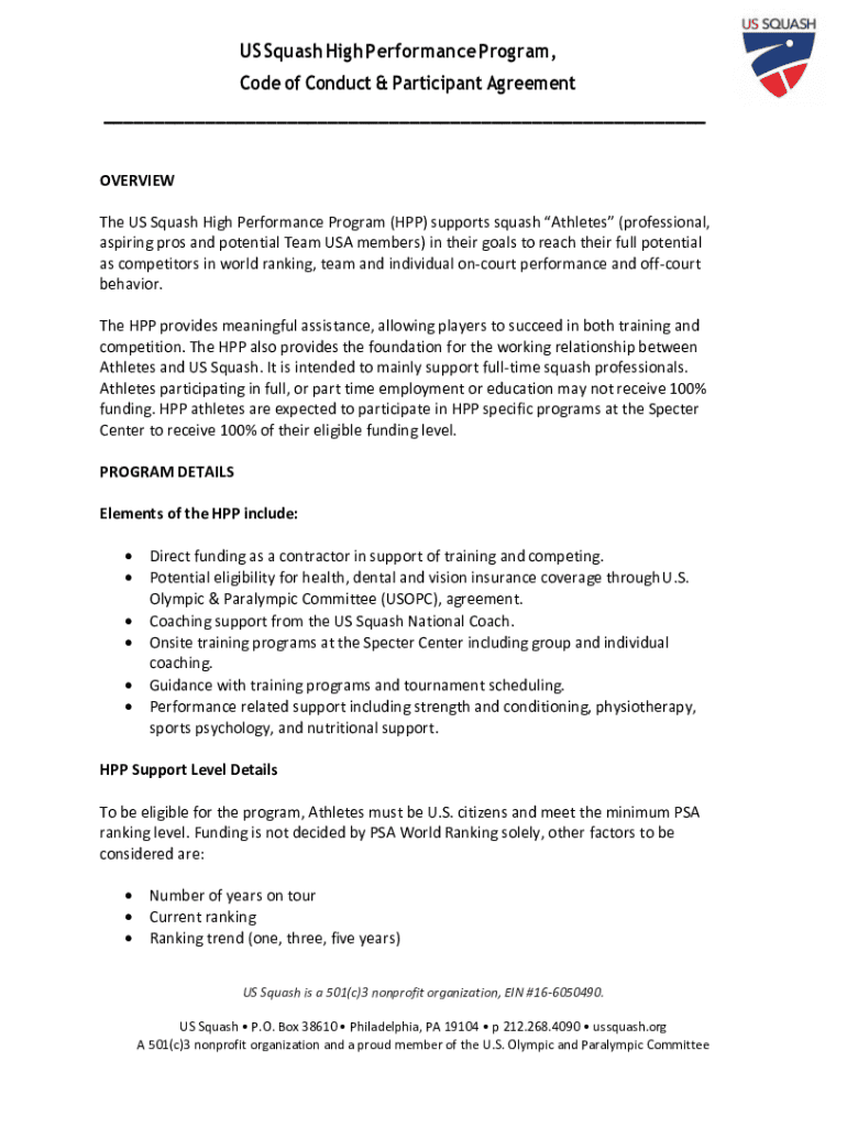 Fillable Online Us Squash High Performance Program Participant Agreement Fax Email Print - pdfFiller