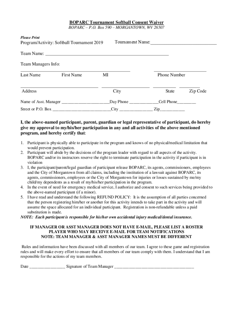 Fillable Online Boparc Softball Tournament Consent Waiver Fax Email ...