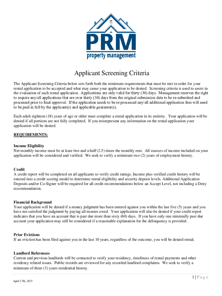 Fillable Online Applicant Screening Criteria for Rental Applications ...