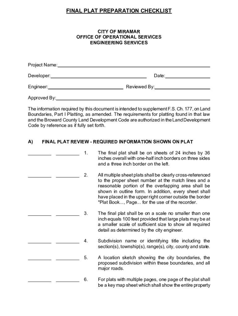 Fillable Online Final Plat Preparation Checklist - City of Miramar Fax Email Print - pdfFiller