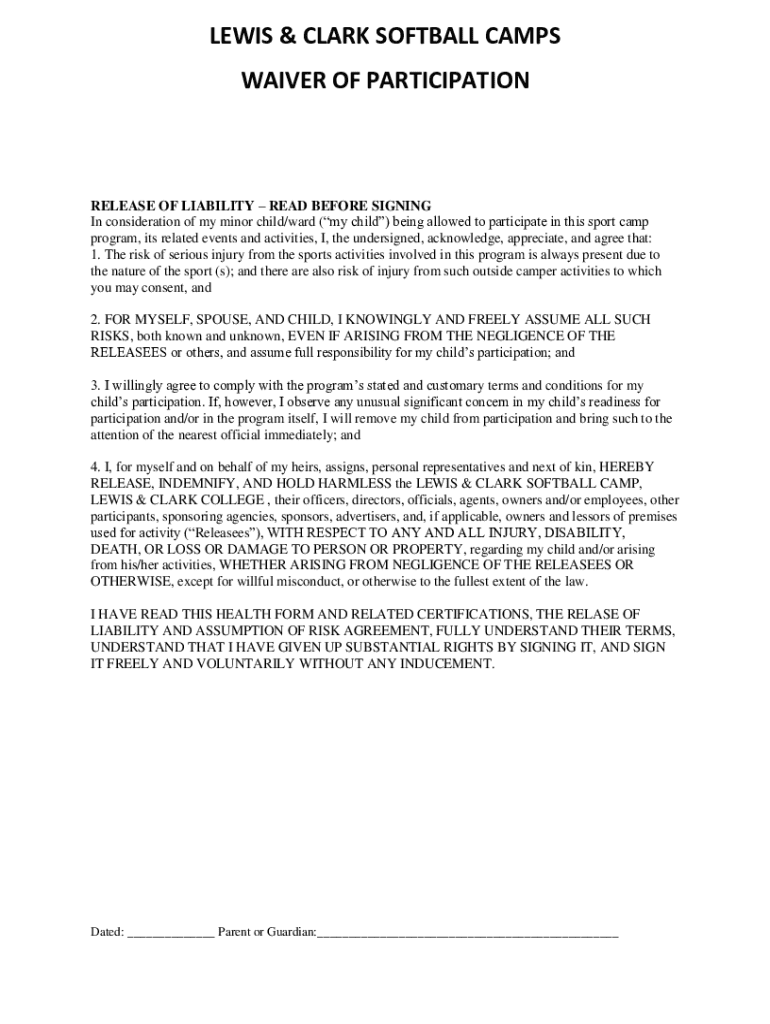 Fillable Online Waiver of Participation for Lewis & Clark Softball Camps Fax Email Print - pdfFiller