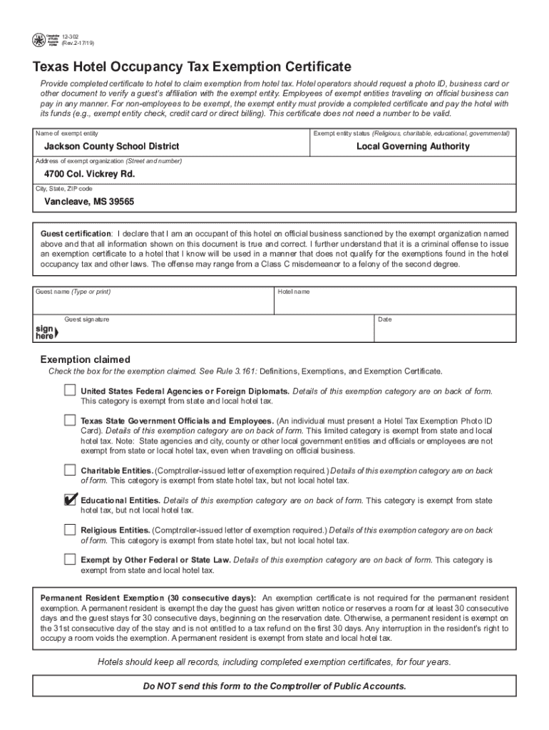 Fillable Online Texas Hotel Occupancy Tax Exemption Certificate Fax ...