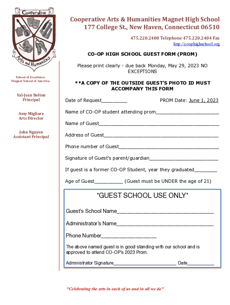 Fillable Online Cooperative Arts & Humanities Magnet High School Prom ...