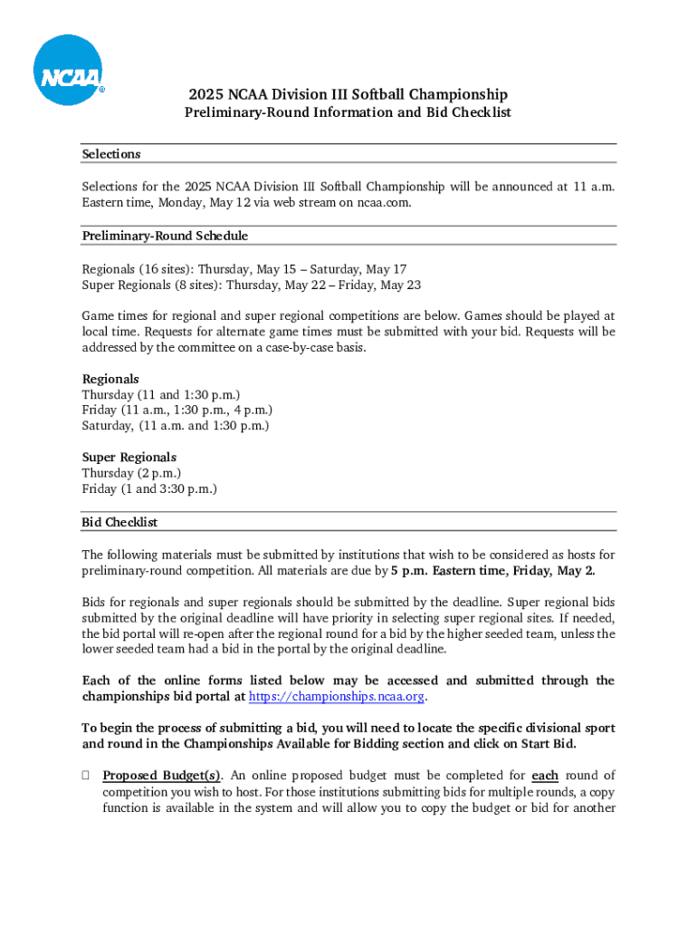 Fillable Online Ncaa Division Iii Softball Championship Bid Checklist ...