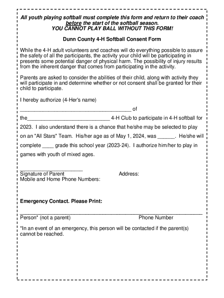 Fillable Online Softball Participation Consent Form Fax Email Print - pdfFiller