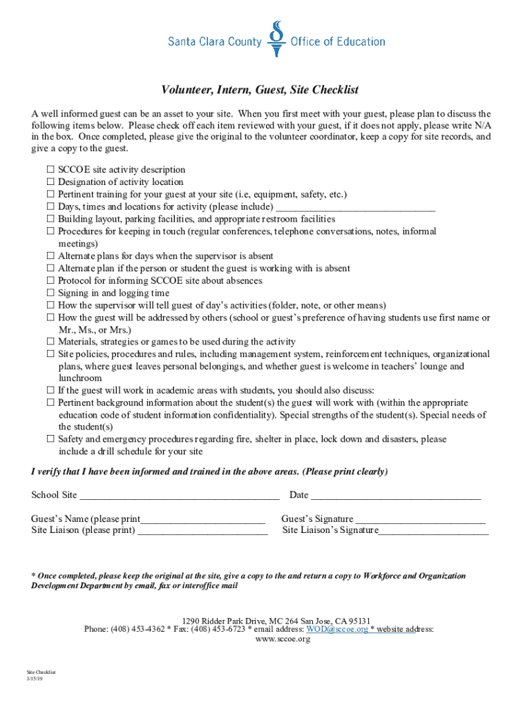 Fillable Online Site Checklist for Guests and Volunteers Fax Email ...
