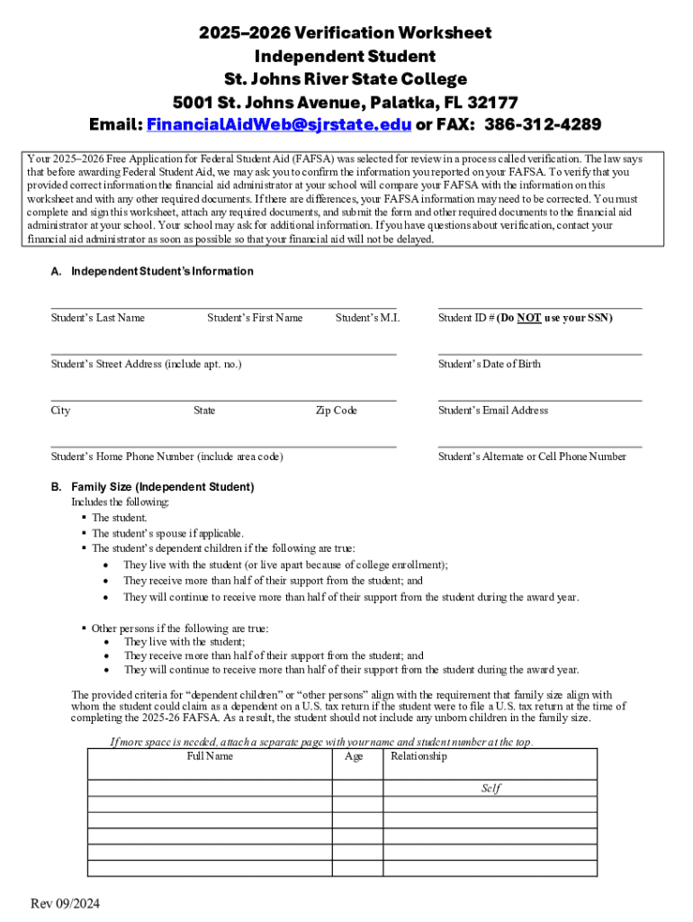 Fillable Online 2025-2026 Independent Student Verification Worksheet Fax Email Print - pdfFiller