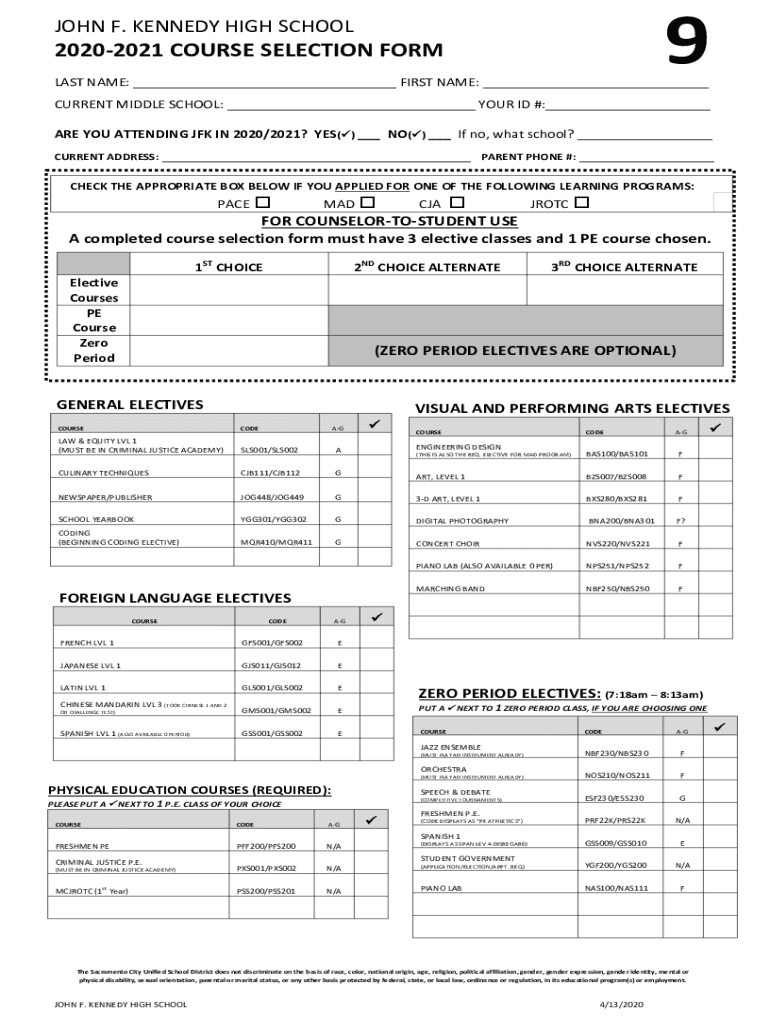Fillable Online Course Selection Form 2020-2021 Fax Email Print - pdfFiller