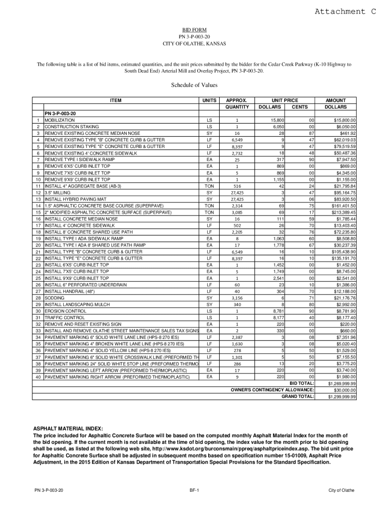 Fillable Online Cedar Creek Parkway Arterial Mill and Overlay Project ...