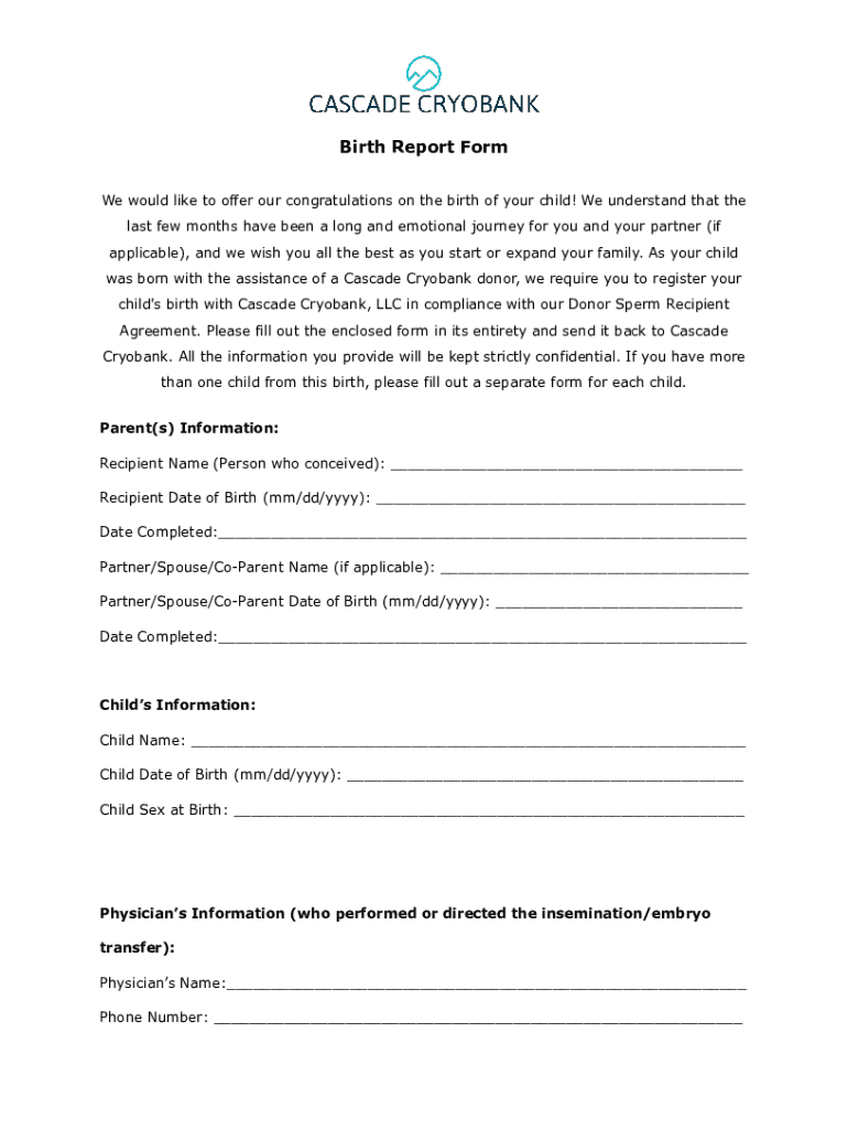 Fillable Online Birth Registration Form for Cascade Cryobank Donor Fax ...