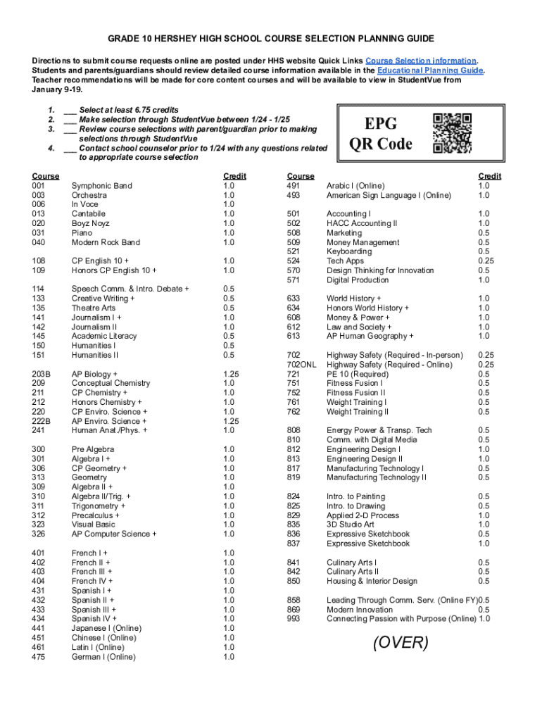 Fillable Online Hershey High School Course Selection Planning Guide for Grade 10 Fax Email Print ...