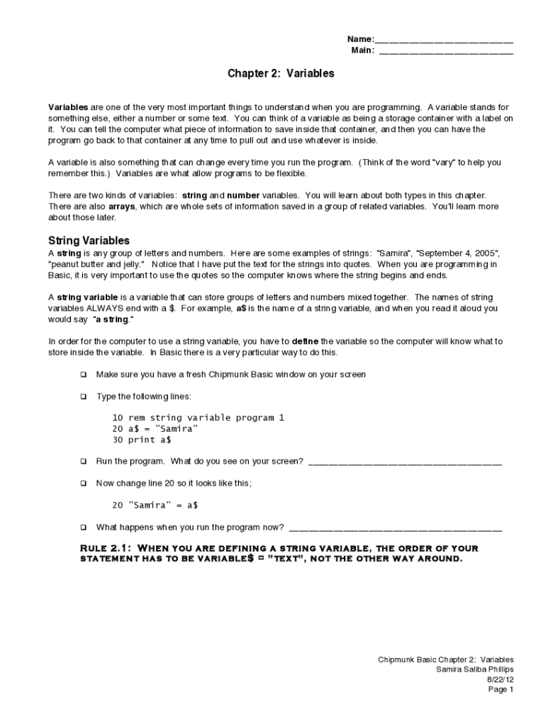 Fillable Online Chapter 2: Variables in Chipmunk Basic Programming Fax Email Print - pdfFiller