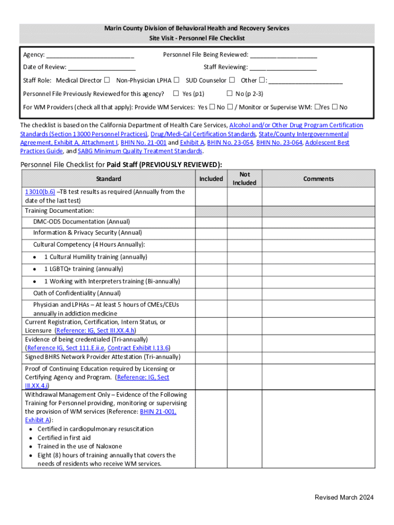 Fillable Online Site Visit - Personnel File Checklist Fax Email Print ...