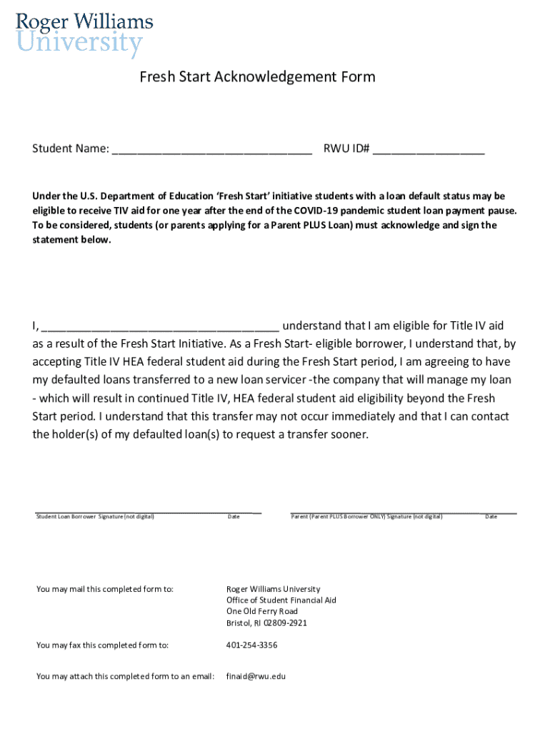 Fillable Online Fresh Start Acknowledgement Form Fax Email Print ...