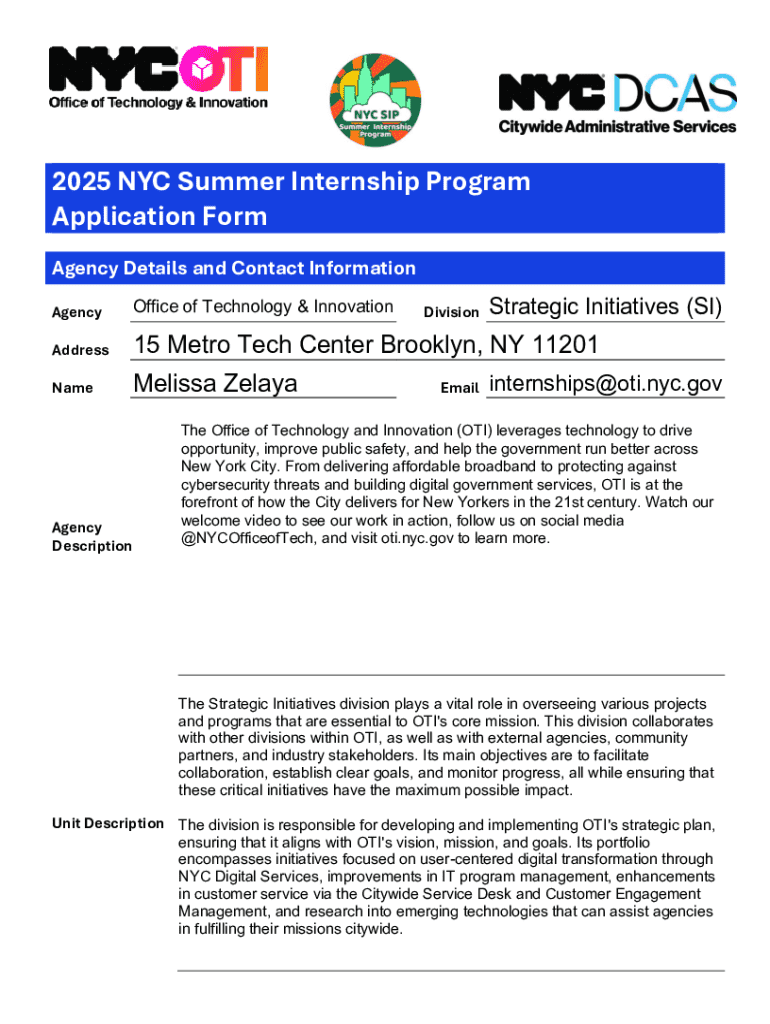 Fillable Online 2025 Nyc Summer Internship Program Application Fax Email Print - pdfFiller