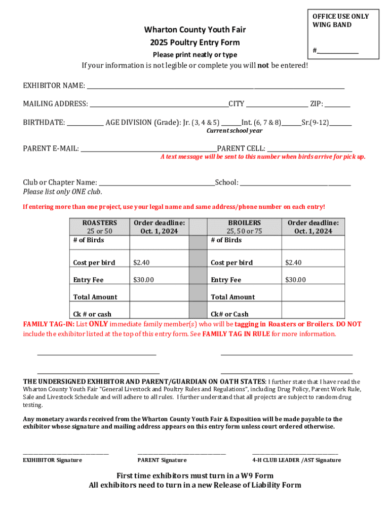 Fillable Online Wharton County Youth Fair Poultry Entry Form Fax Email ...