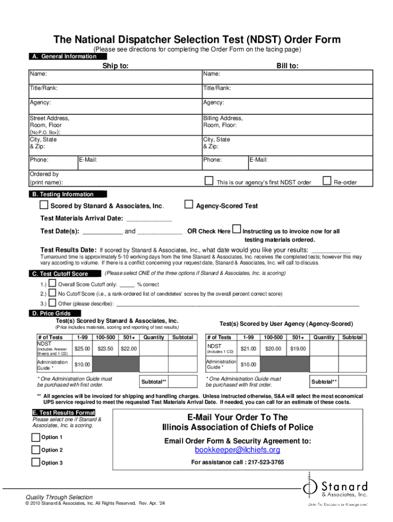 Fillable Online Dispatcher Selection Test Order Form Fax Email Print ...