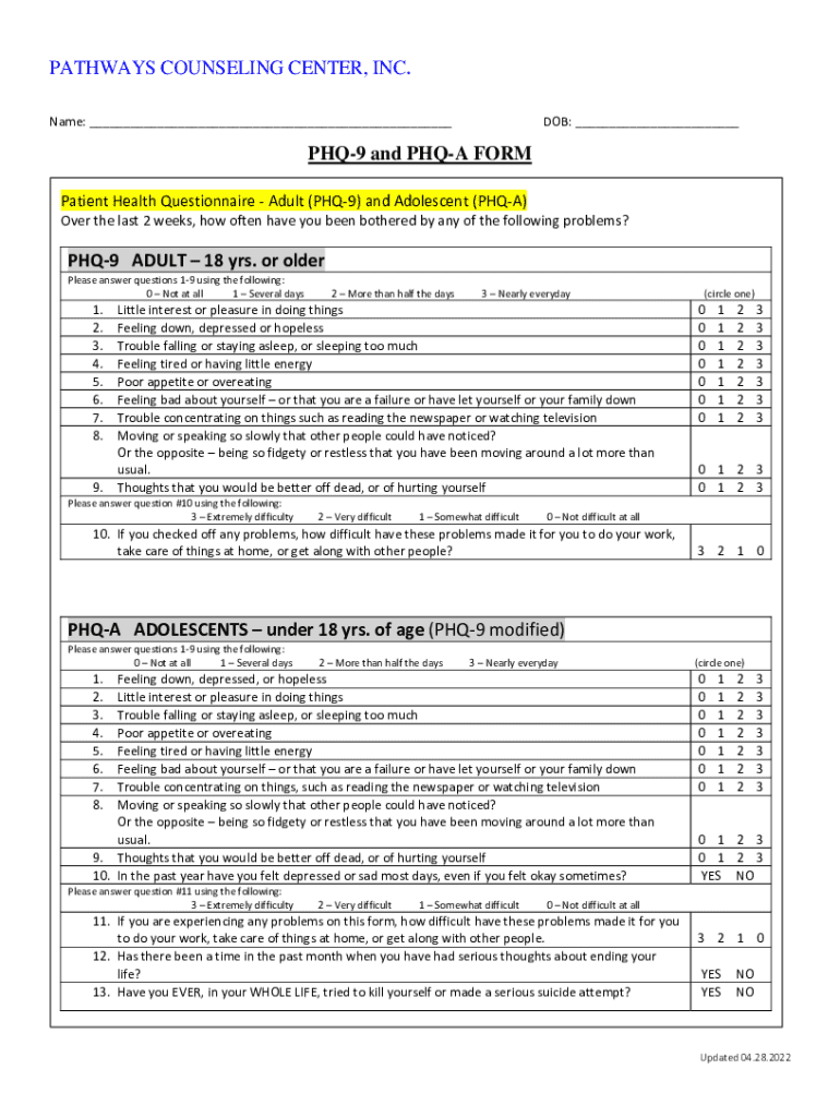 Fillable Online Patient Health Questionnaire - Adult (phq-9) and ...