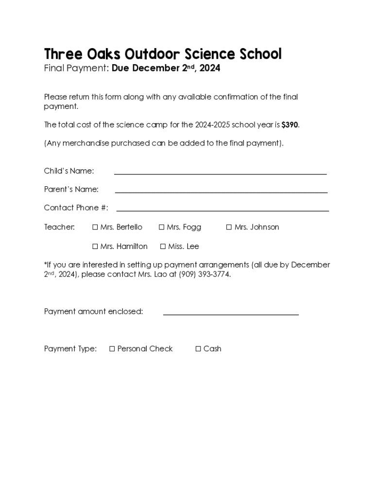 Fillable Online Science Camp Final Payment Form Fax Email Print - pdfFiller