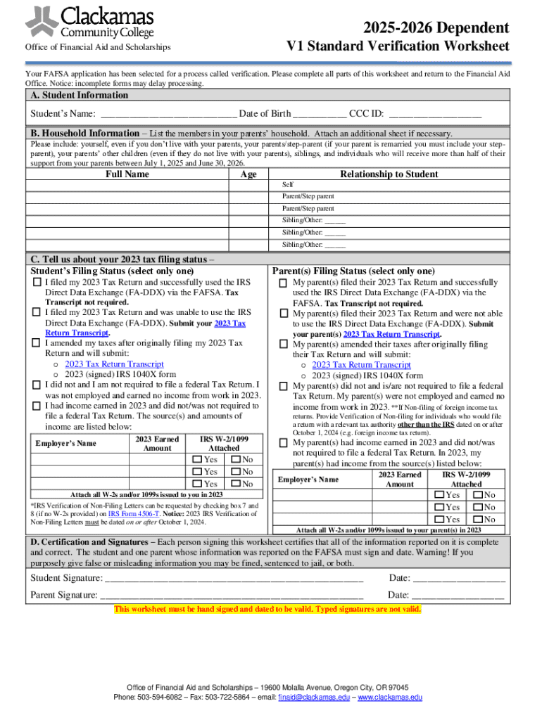 Fillable Online Dependent Verification Worksheet for Financial Aid Fax Email Print - pdfFiller
