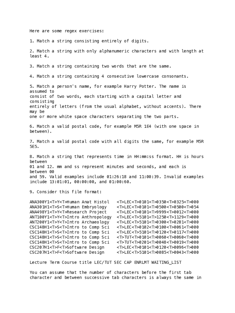 Fillable Online Here are some regex exercises: 1. Match a string ...