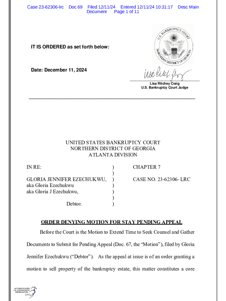 Fillable Online Order Denying Motion for Stay Pending Appeal - U.s. Bankruptcy Court Fax Email ...