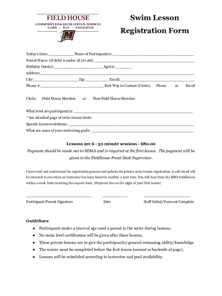 Fillable Online Swim Lesson Registration Form Fax Email Print - pdfFiller