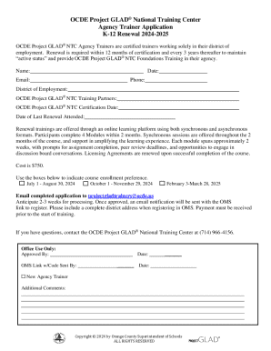 Fillable Online Ocde Project Glad® National Training Center Agency ...