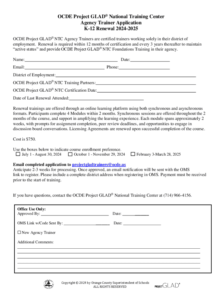 Fillable Online Ocde Project Glad® National Training Center Agency Trainer Application Fax Email ...