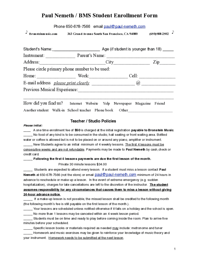 Fillable Online Student Enrollment Form for Music Lessons Fax Email ...
