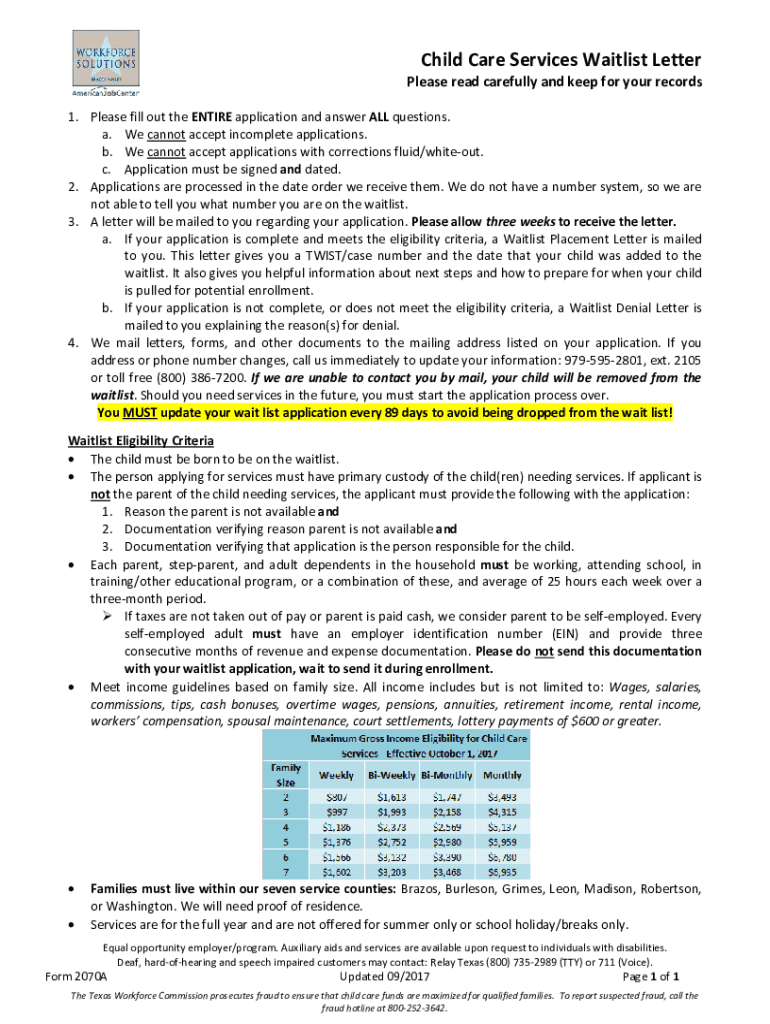 Fillable Online Child Care Services Waitlist Application Fax Email ...