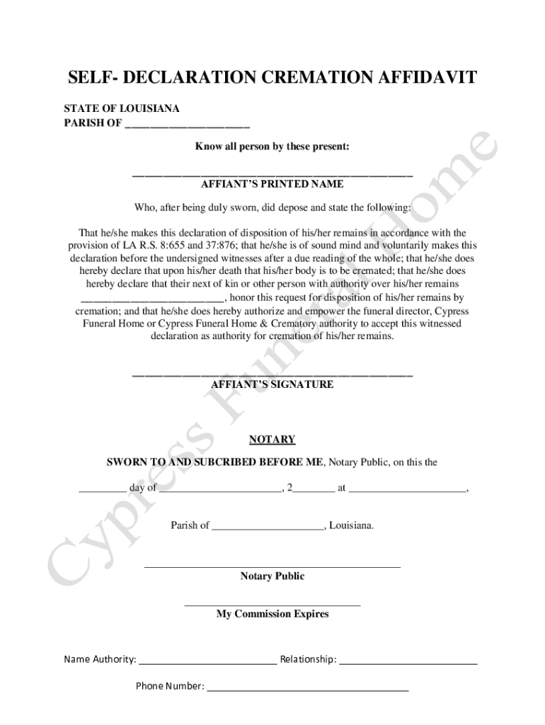 Fillable Online Cremation Self-declaration Affidavit Fax Email Print ...