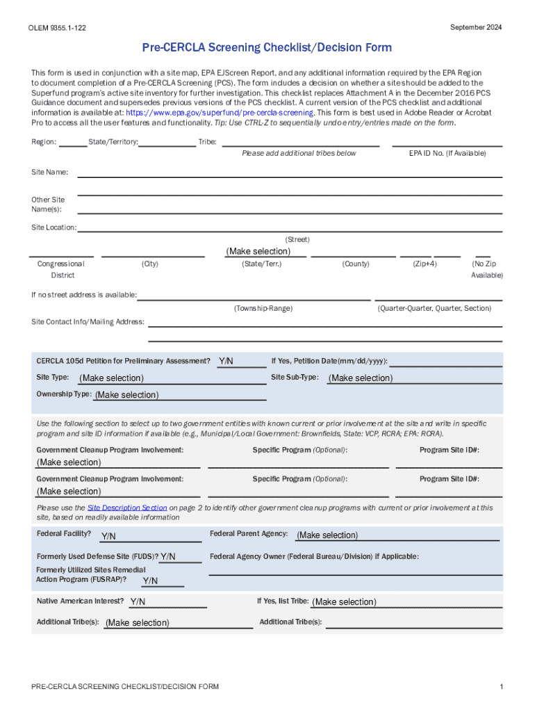 Fillable Online Pre-cercla Screening Checklist/decision Form Fax Email ...
