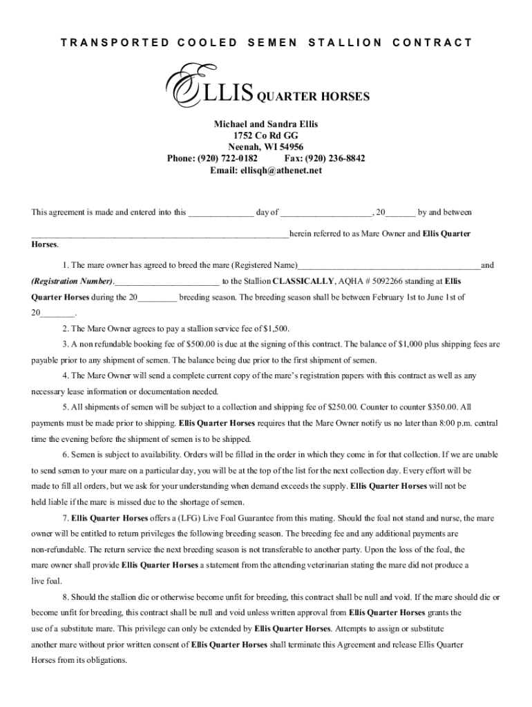 Fillable Online Transported Cooled Semen Contract for Stallion Breeding Fax Email Print - pdfFiller