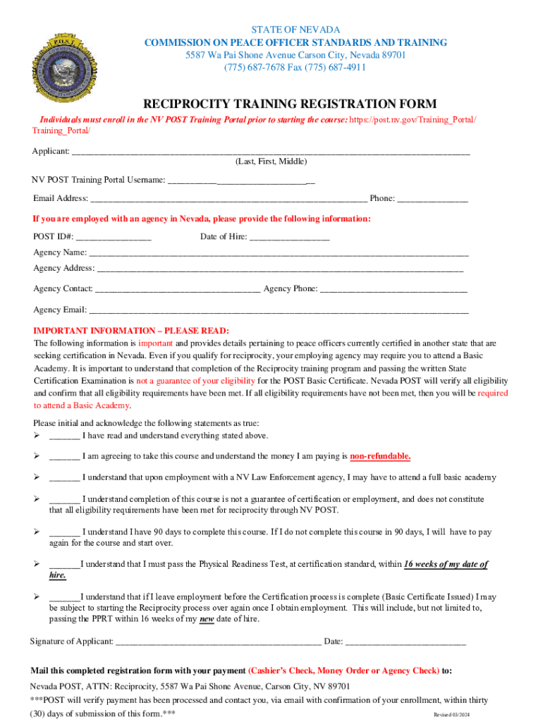 Fillable Online Reciprocity Training Registration for Peace Officers Fax Email Print - pdfFiller