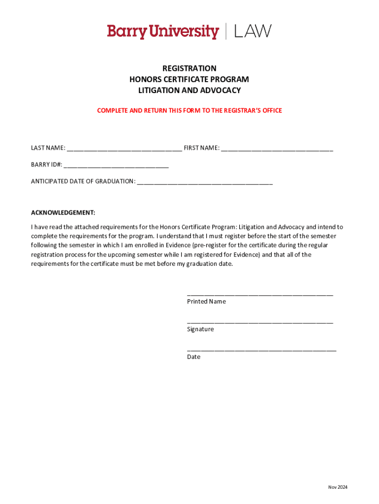 Fillable Online Registration for Honors Certificate Program in Litigation and Advocacy Fax Email ...