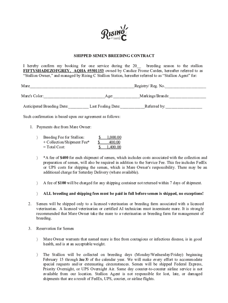 Fillable Online Shipped Semen Breeding Contract for Stallion Service Fax Email Print - pdfFiller